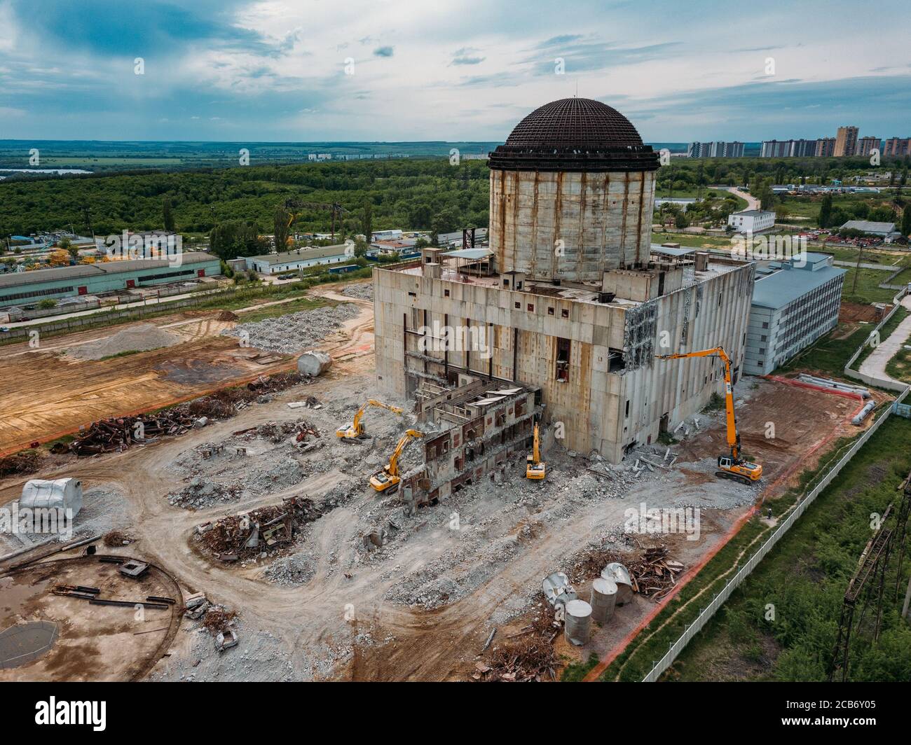 Aerial view of demolition site. Process of demolition of old industrial ...