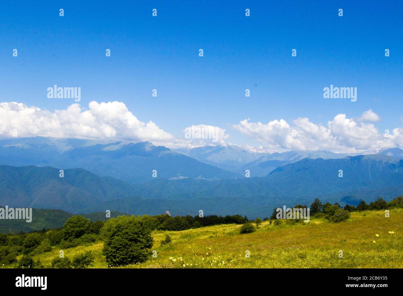 Mountains landscape and view of caucasian mountain range in Racha ...