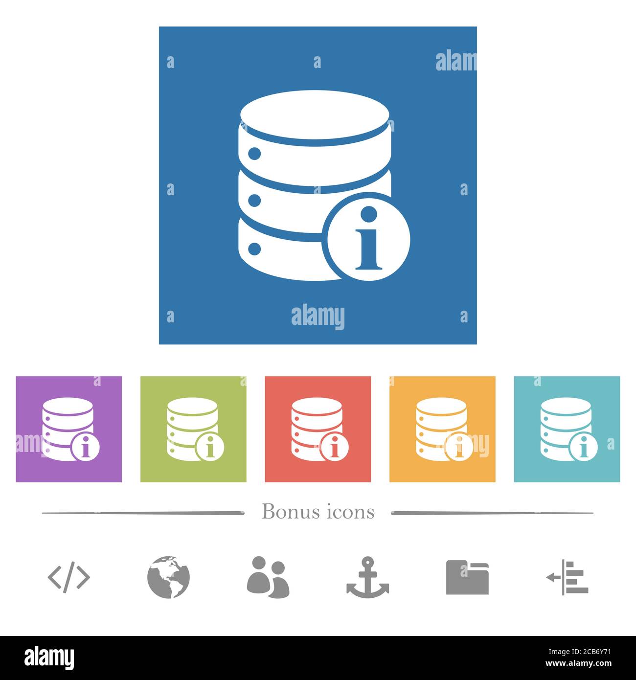 Database info flat white icons in square backgrounds. 6 bonus icons ...