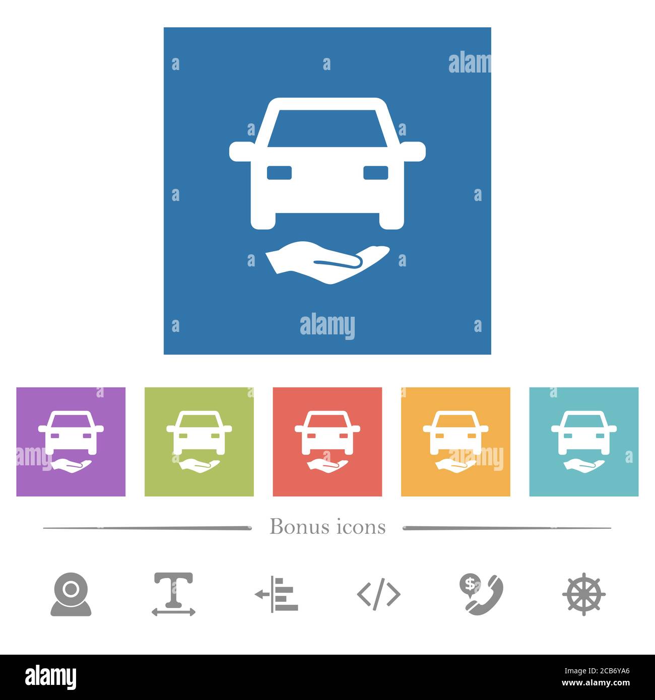 Car insurance flat white icons in square backgrounds. 6 bonus icons ...