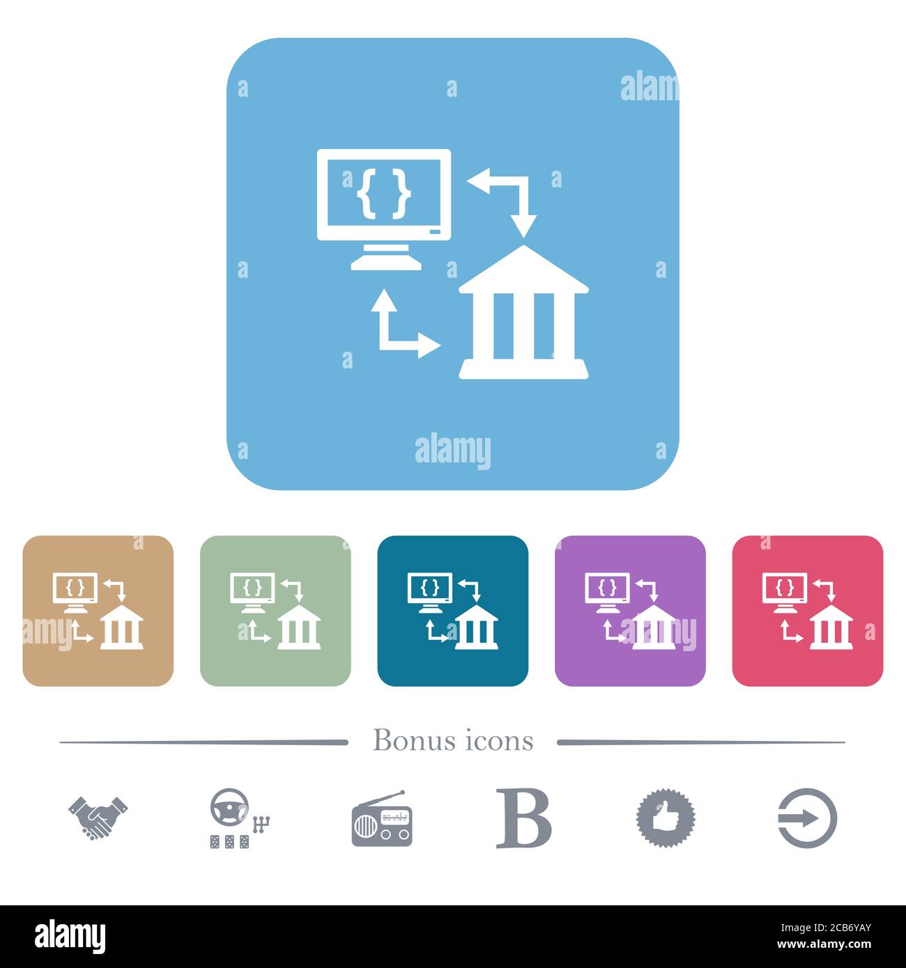 Open banking API white flat icons on color rounded square backgrounds. 6 bonus icons included ...