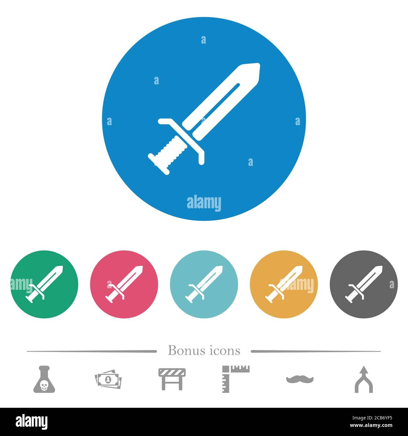 Sword flat white icons on round color backgrounds. 6 bonus icons ...