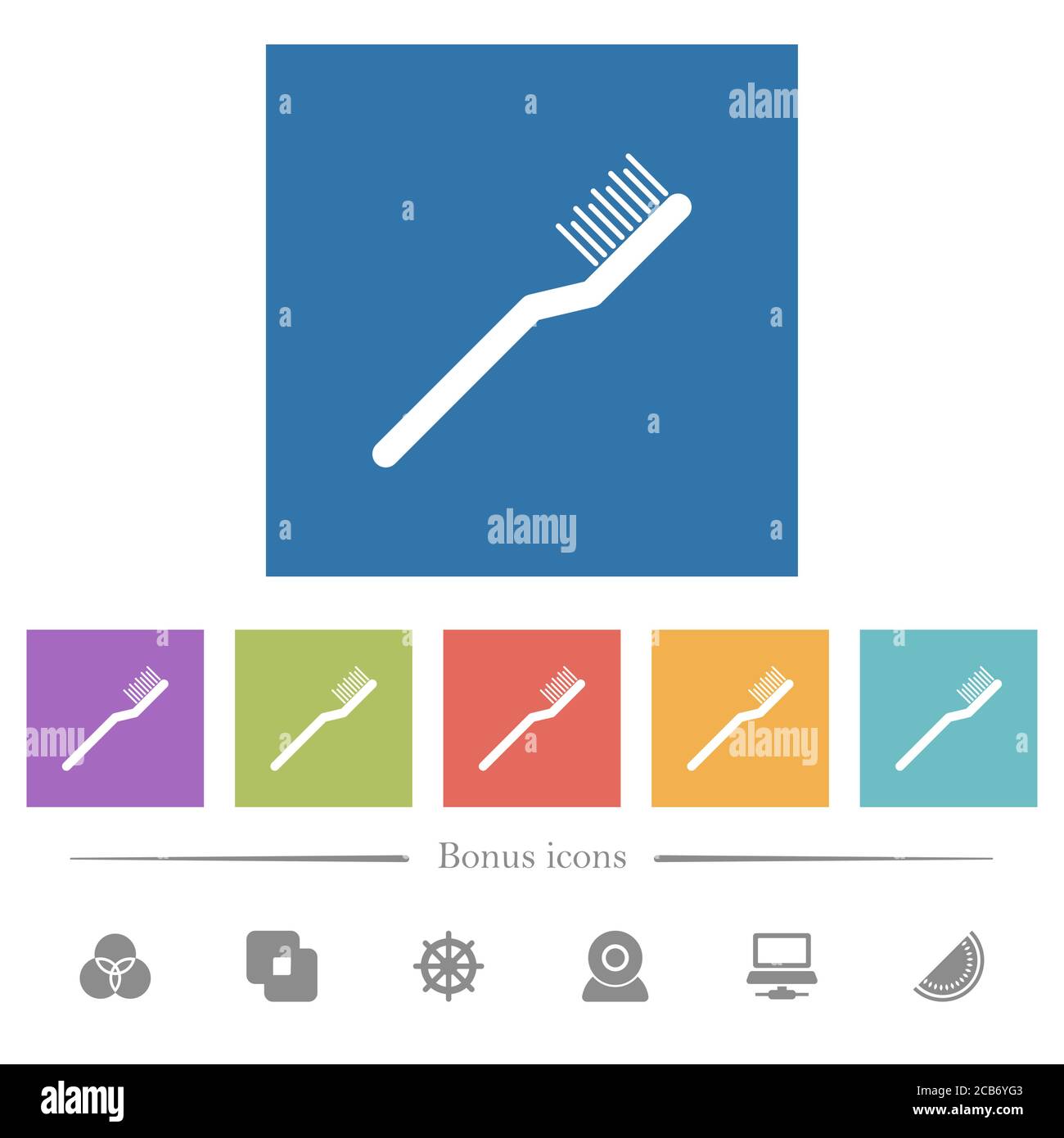 Toothbrush flat white icons in square backgrounds. 6 bonus icons ...
