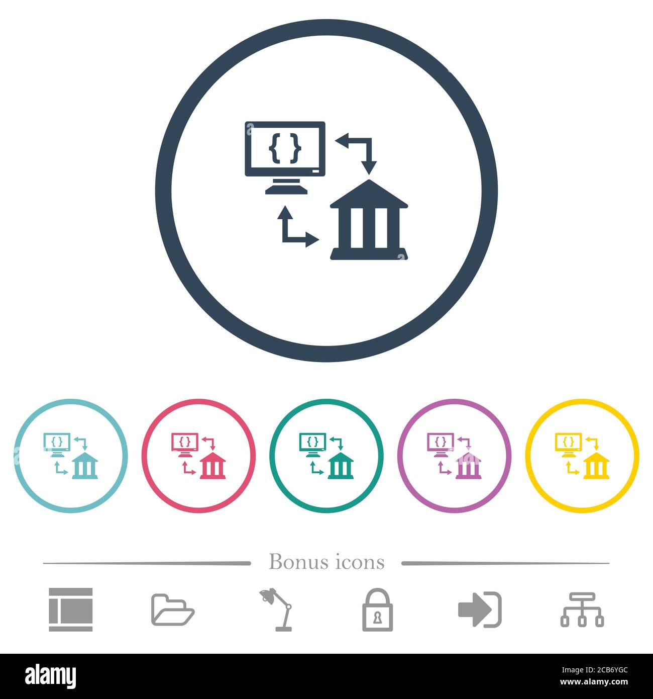 Open banking API flat color icons in round outlines. 6 bonus icons ...