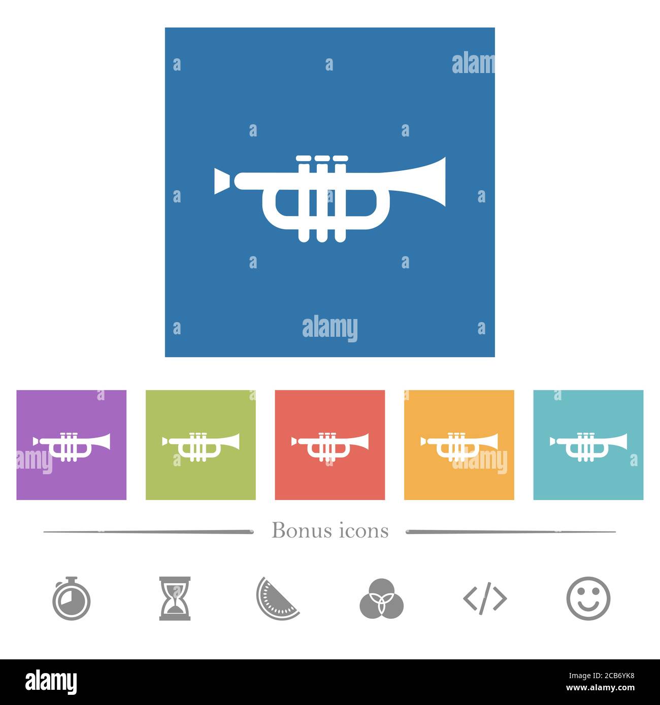Trumpet flat white icons in square backgrounds. 6 bonus icons included ...