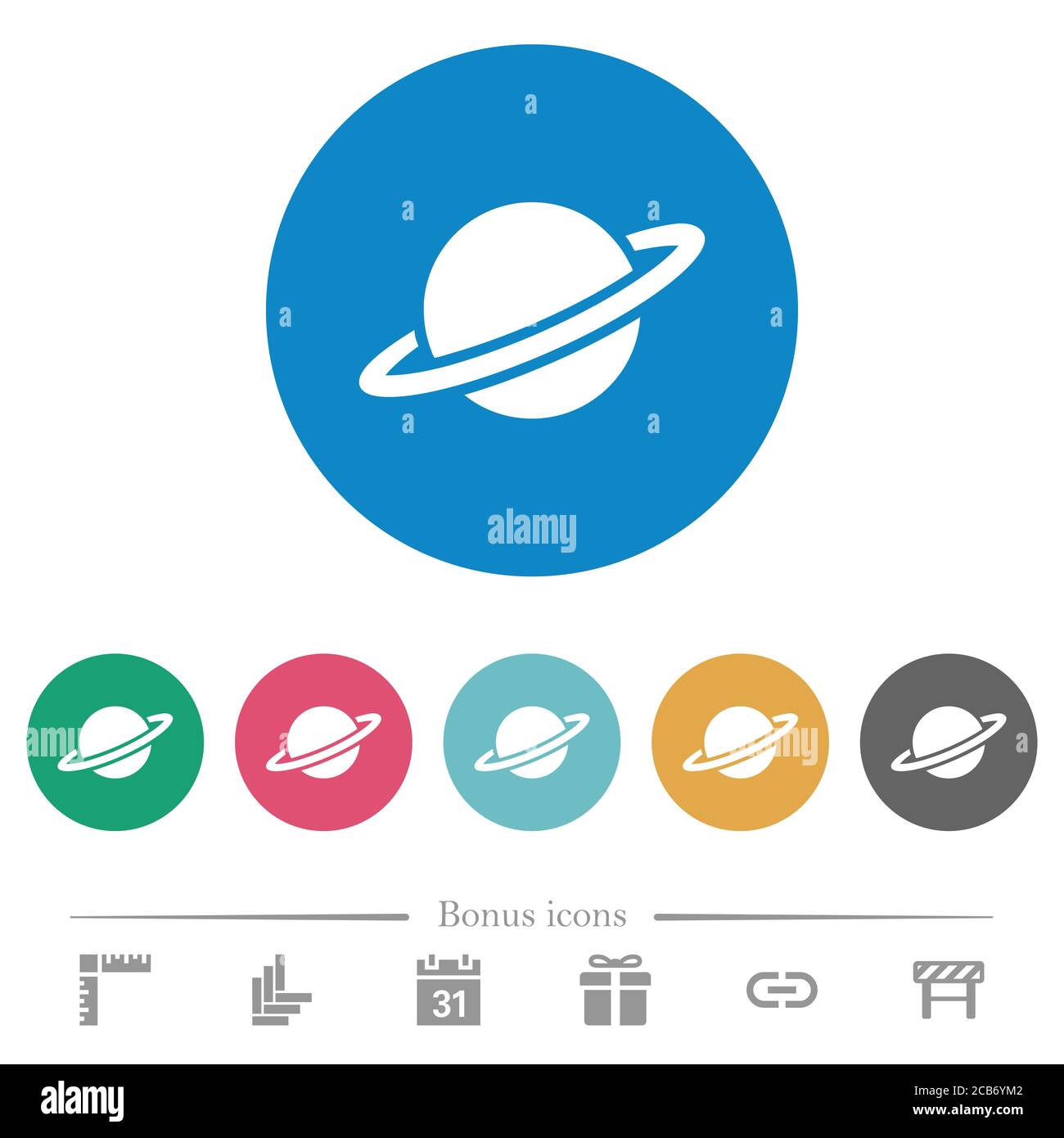 Planet flat white icons on round color backgrounds. 6 bonus icons ...