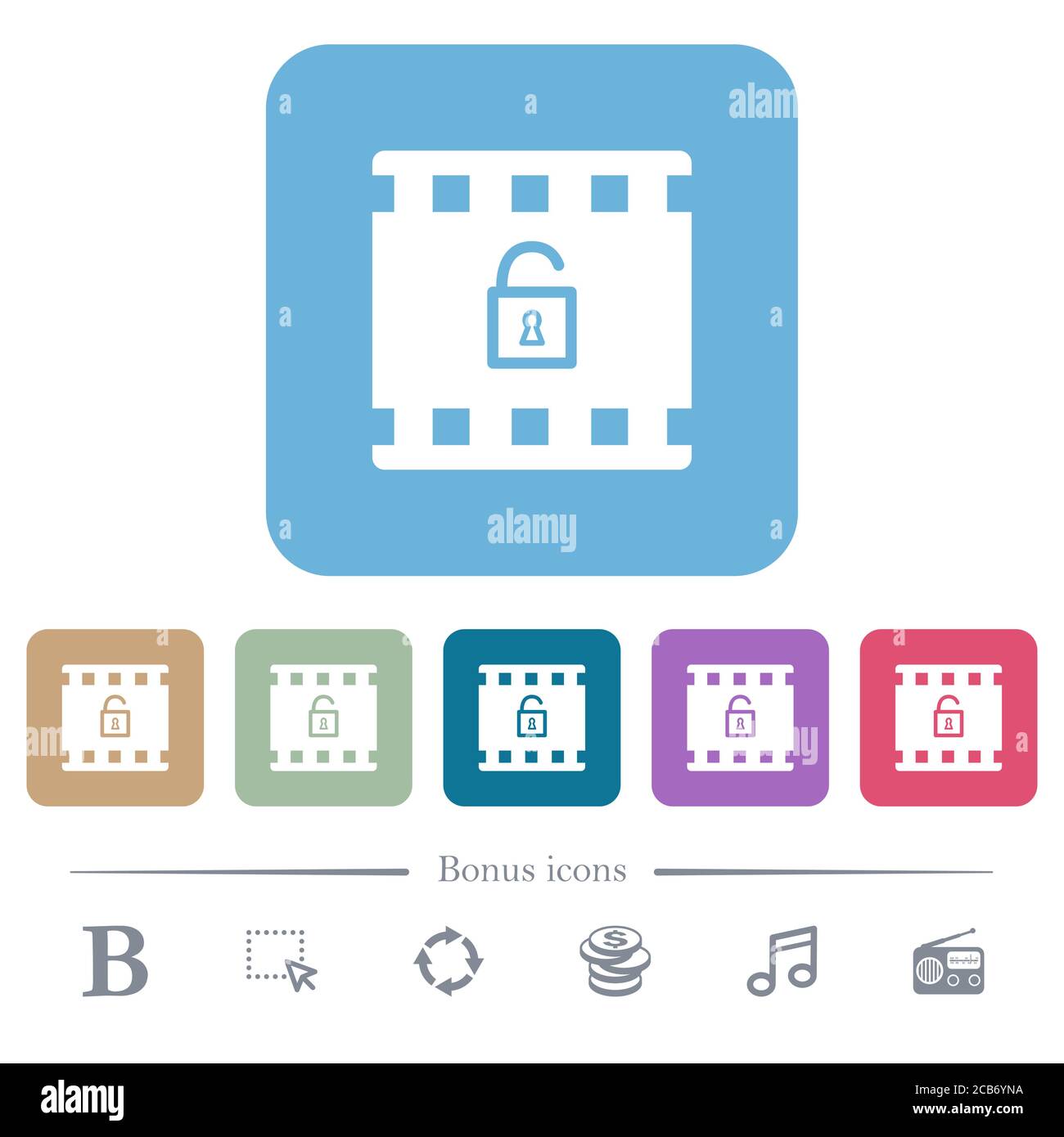 Decode movie white flat icons on color rounded square backgrounds. 6 ...