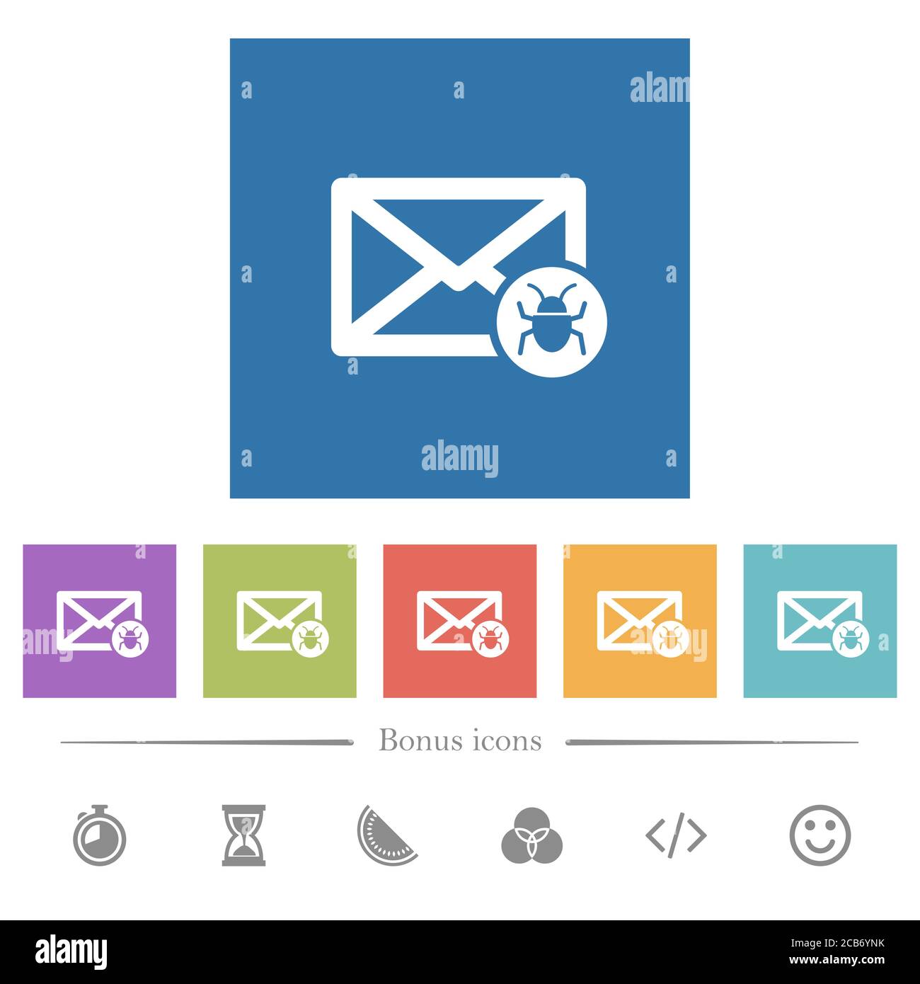 Spam mail flat white icons in square backgrounds. 6 bonus icons ...
