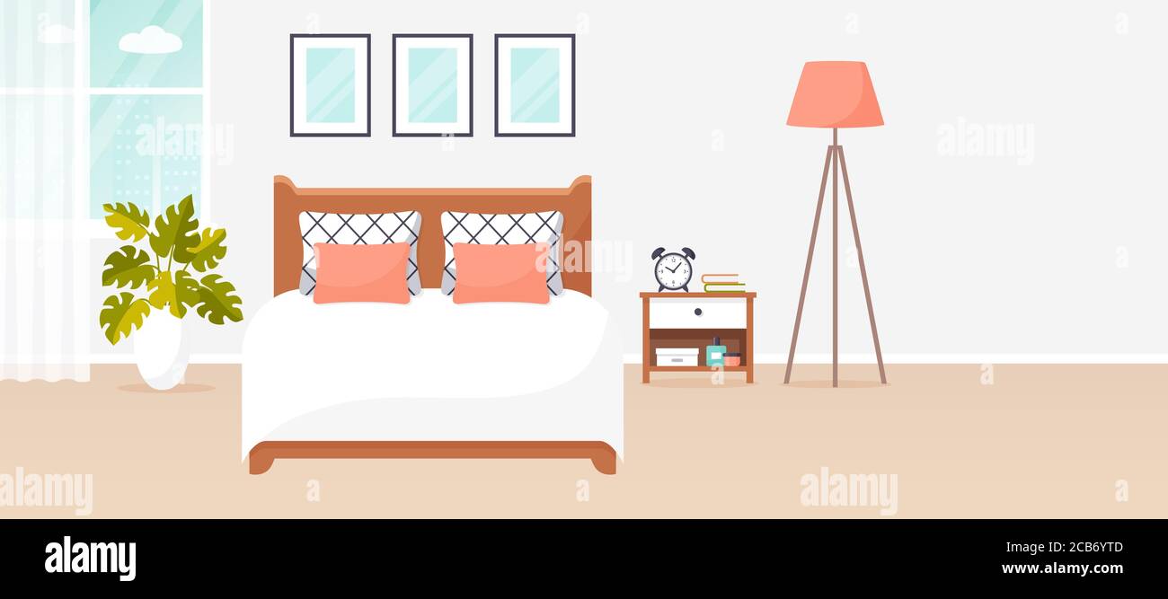 Bedroom interior. Vector banner with copy space. Modern cozy room ...