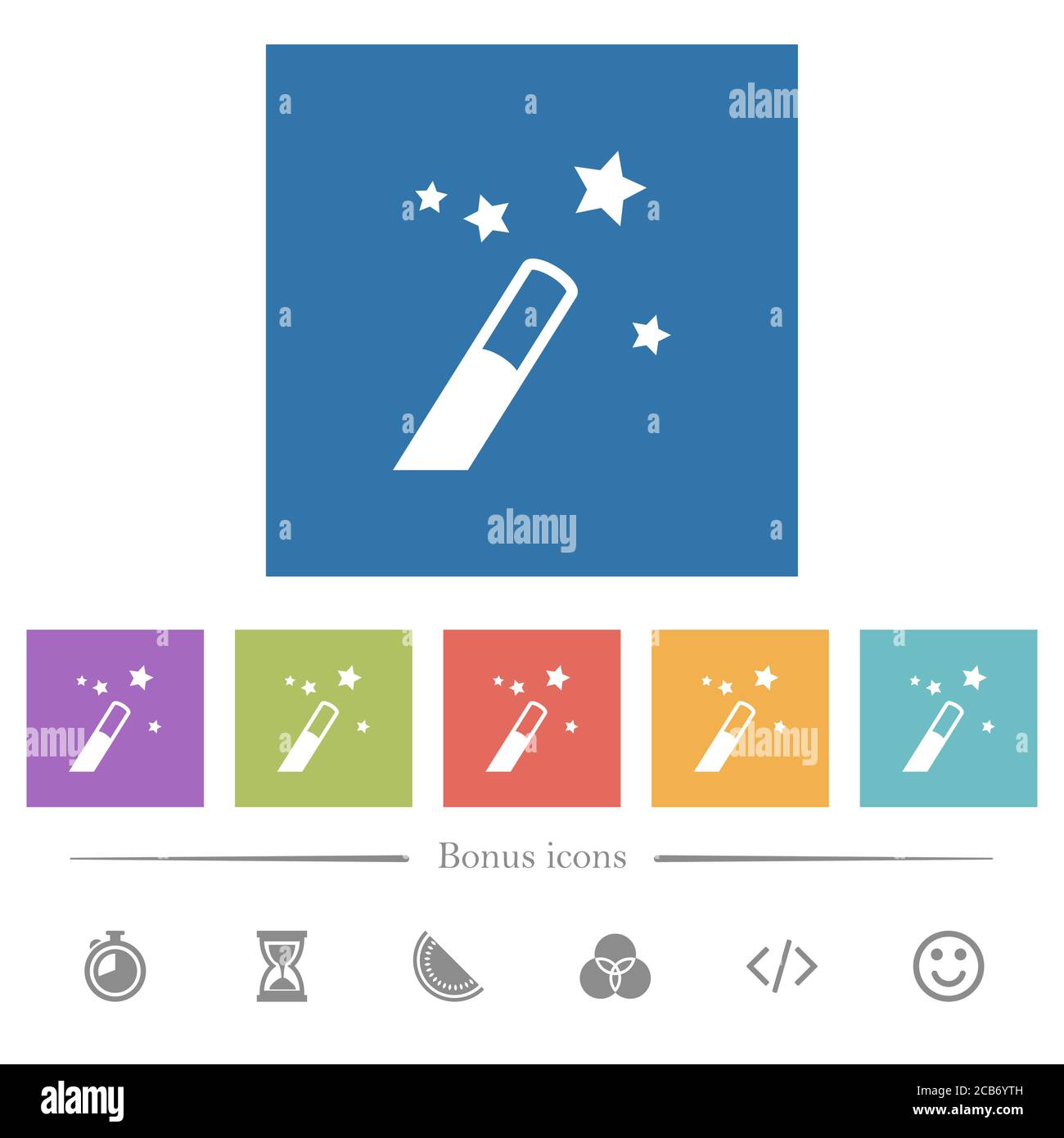 Magic wand flat white icons in square backgrounds. 6 bonus icons ...