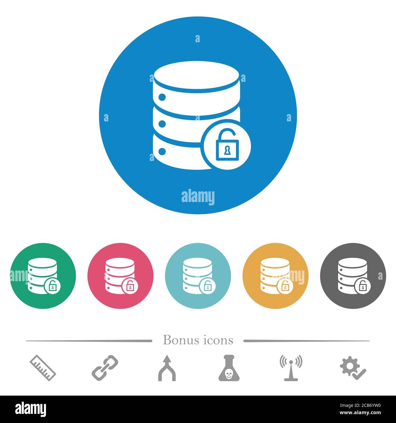 Unlock database flat white icons on round color backgrounds. 6 bonus ...