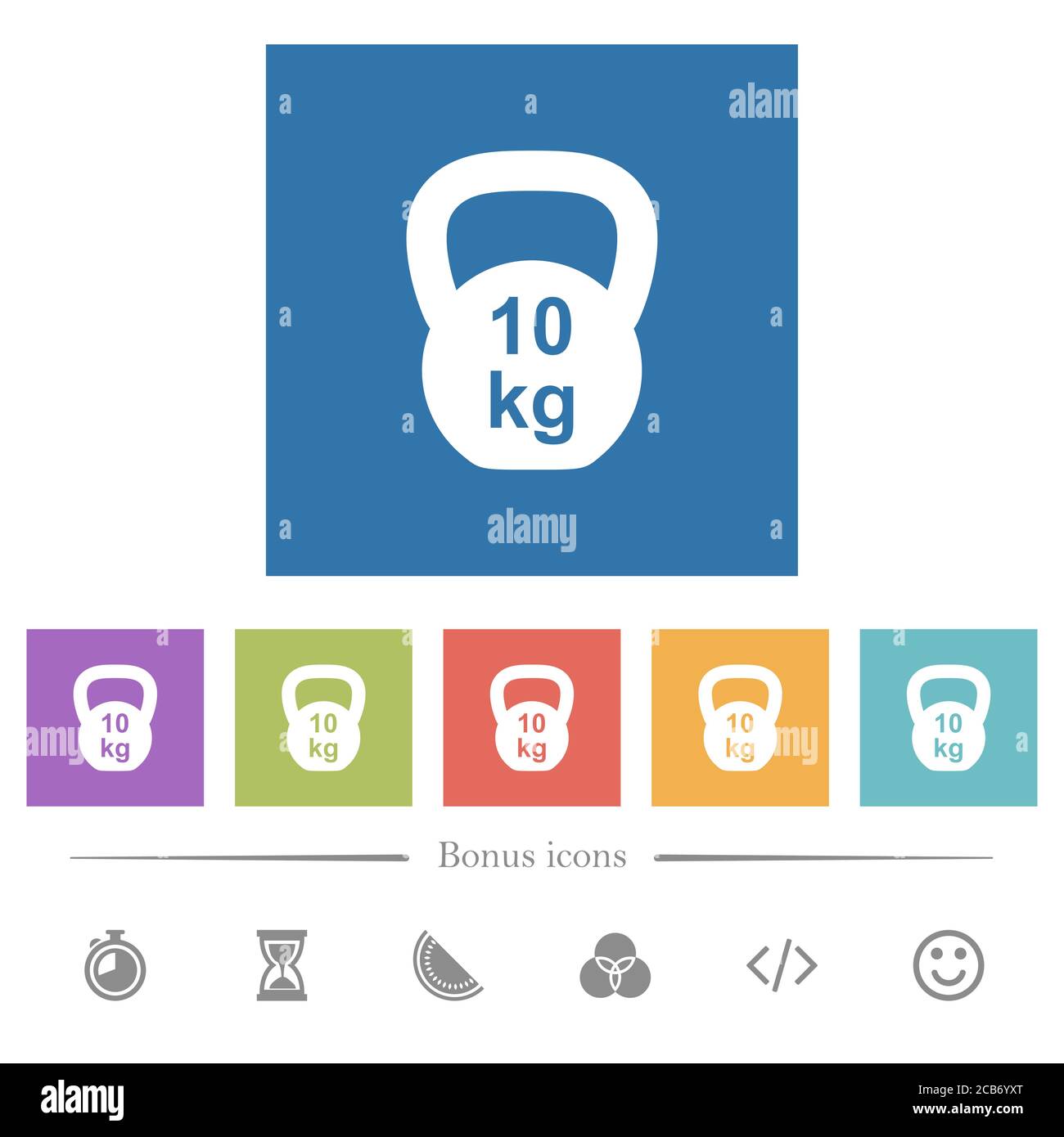 Kettlebel 10 Kg flat white icons in square backgrounds. 6 bonus icons ...
