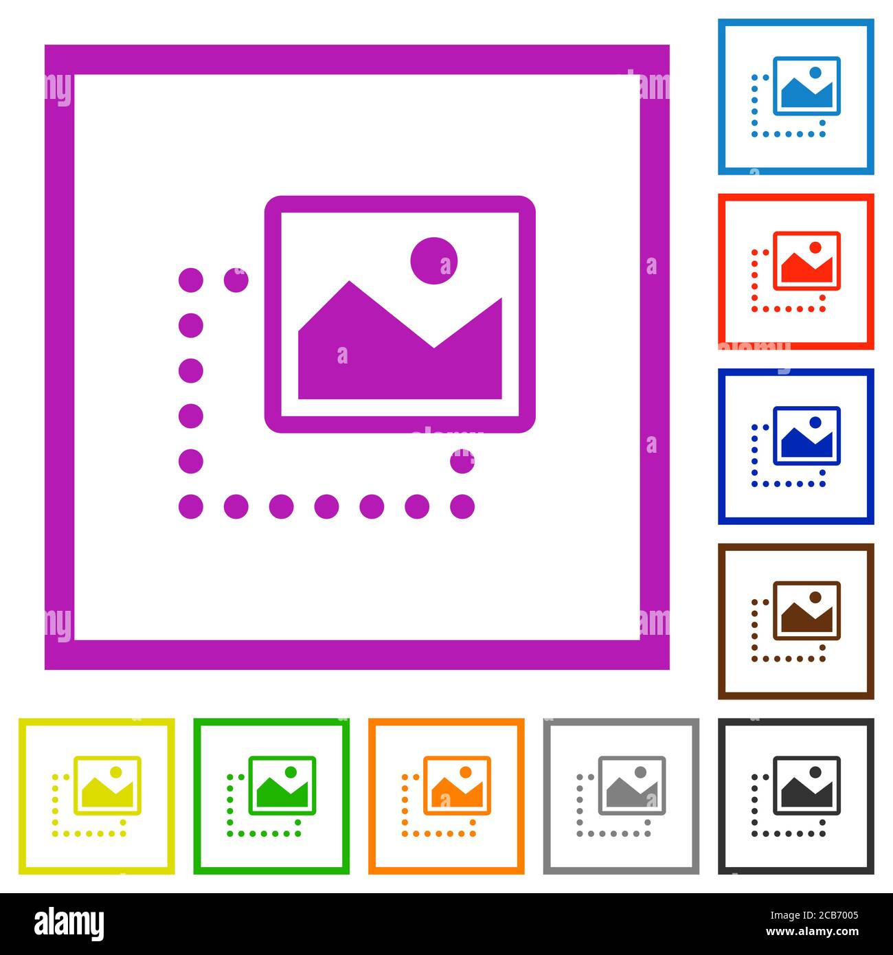 Drag image to top right flat color icons in square frames on white ...