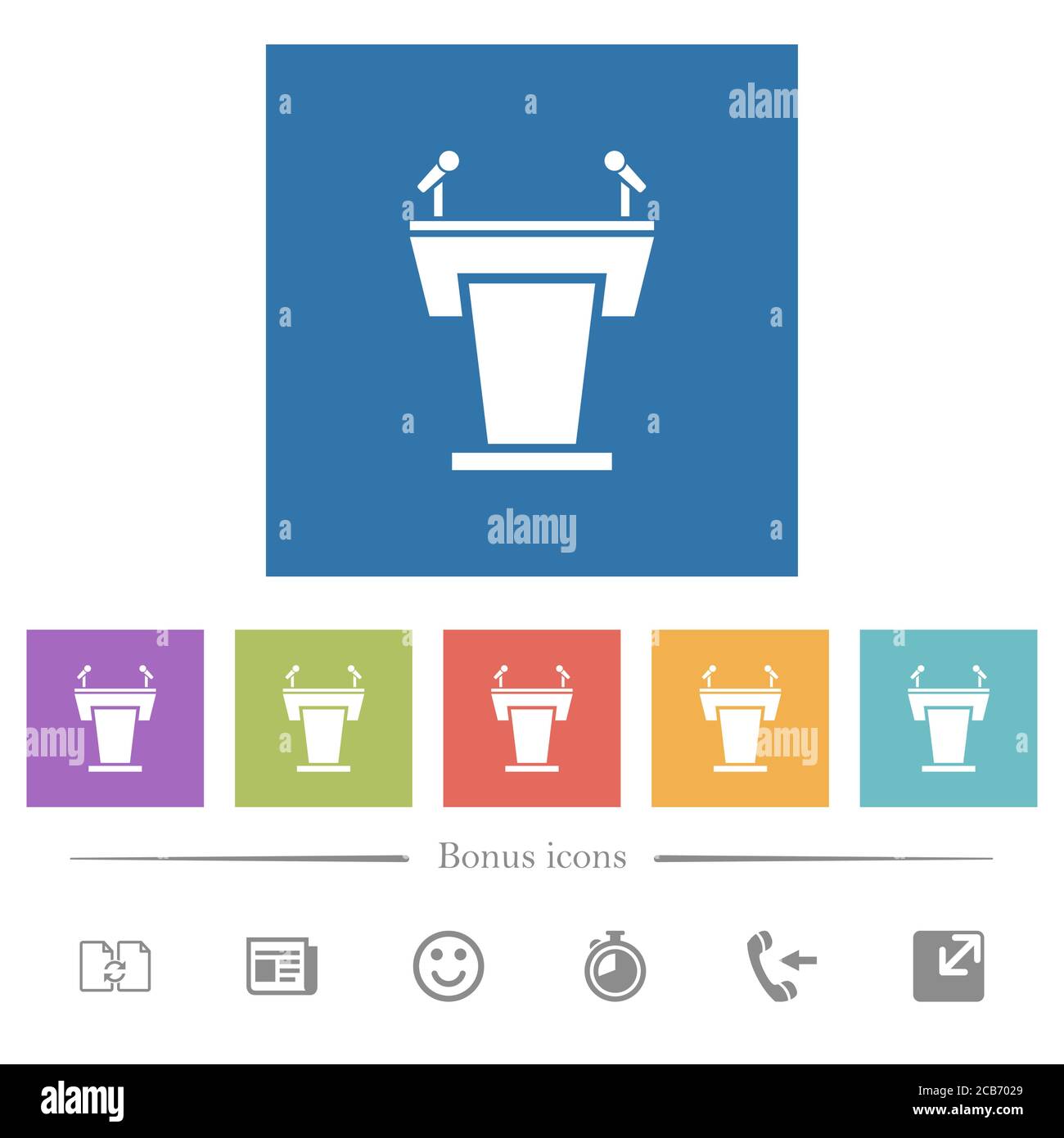 Conference podium with microphones flat white icons in square ...