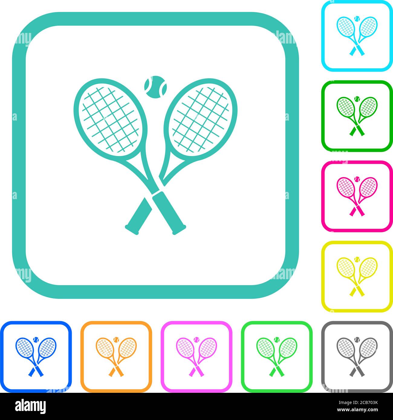 Tennis rackets with ball vivid colored flat icons in curved borders on ...