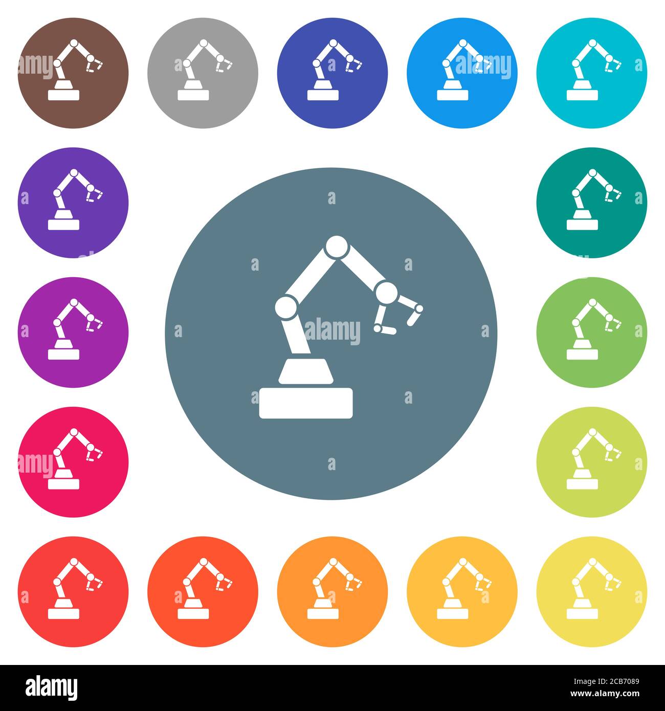 Robot arm flat white icons on round color backgrounds. 17 background ...