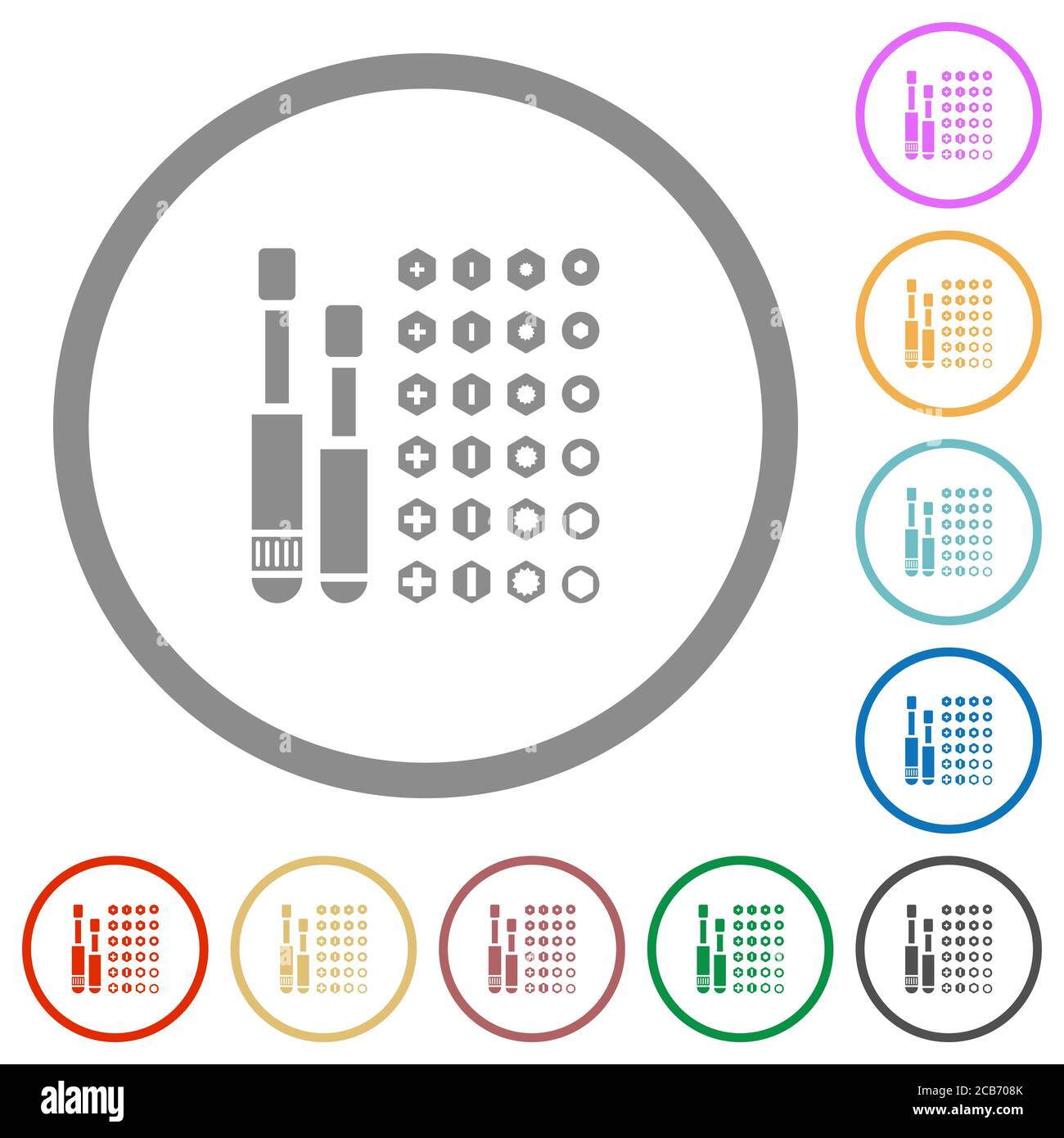Set of screwdriver bits flat color icons in round outlines on white ...