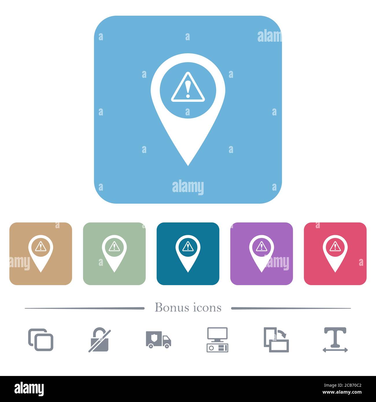 GPS map location warning white flat icons on color rounded square ...