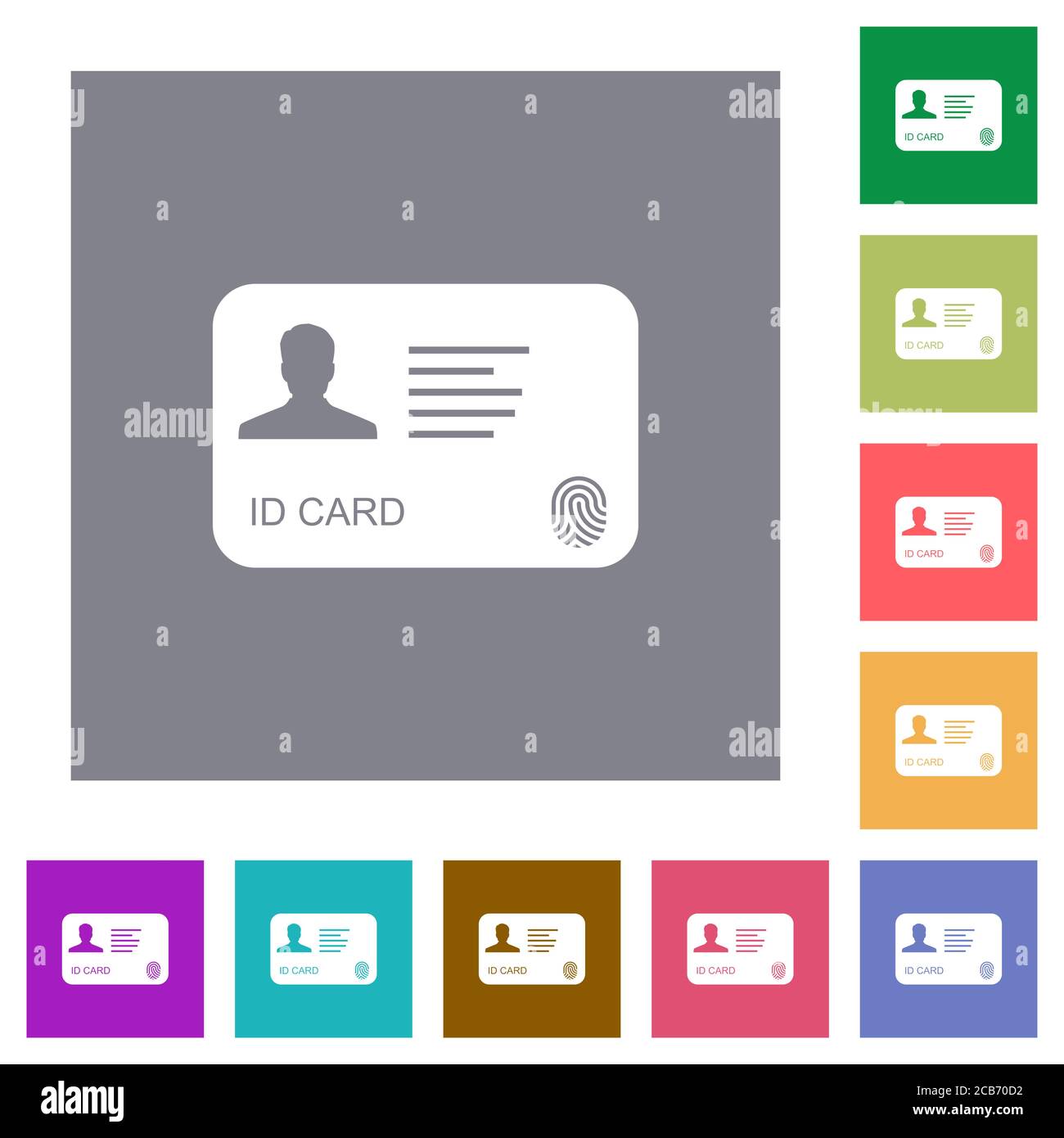 ID card with fingerprint flat icons on simple color square backgrounds ...