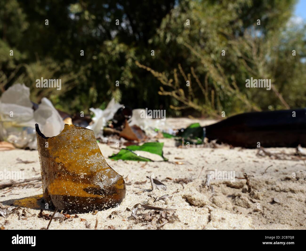 Garbage and environmental pollution. Broken bottles and bags on the ...