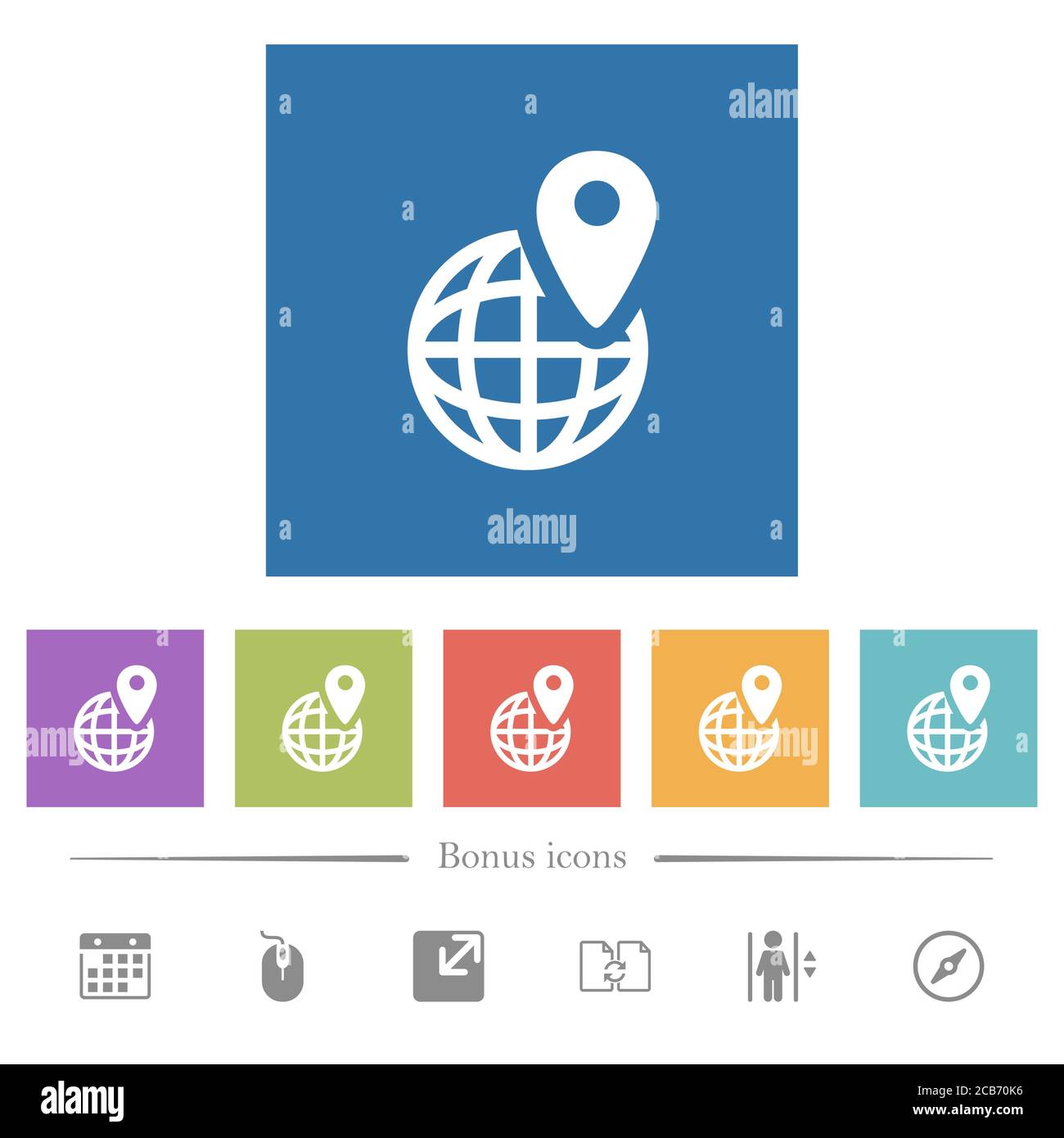GPS location with globe symbol flat white icons in square backgrounds ...