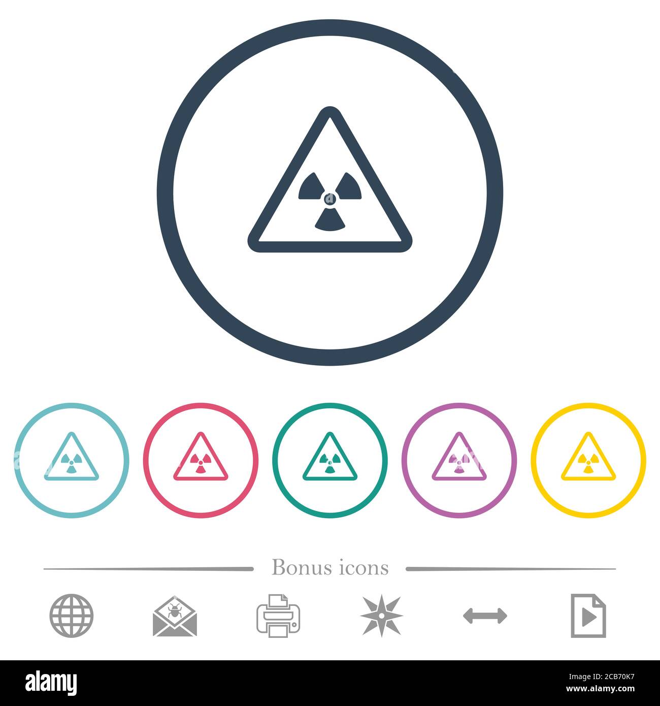 Nuclear warning flat color icons in round outlines. 6 bonus icons ...