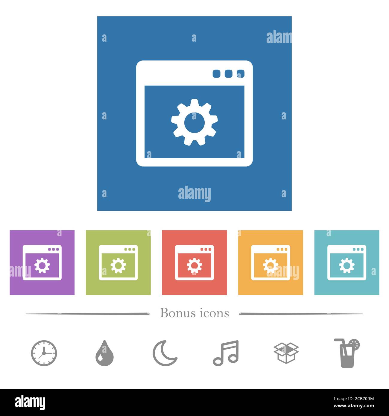 Application settings flat white icons in square backgrounds. 6 bonus ...