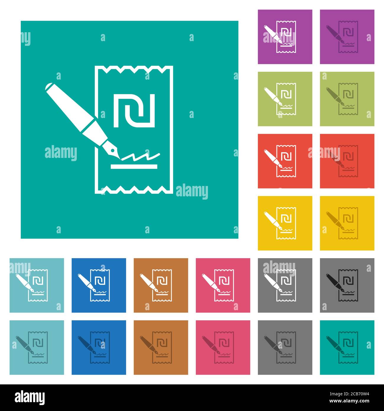 Signing new Shekel cheque multi colored flat icons on plain square ...