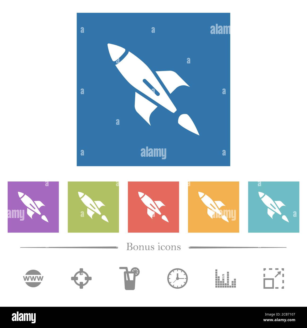 Rocket flat white icons in square backgrounds. 6 bonus icons included ...