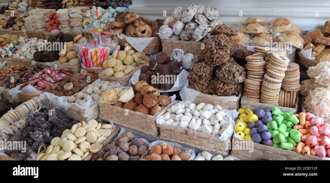 Display window of a bakery and pastry shop with assortment of different ...