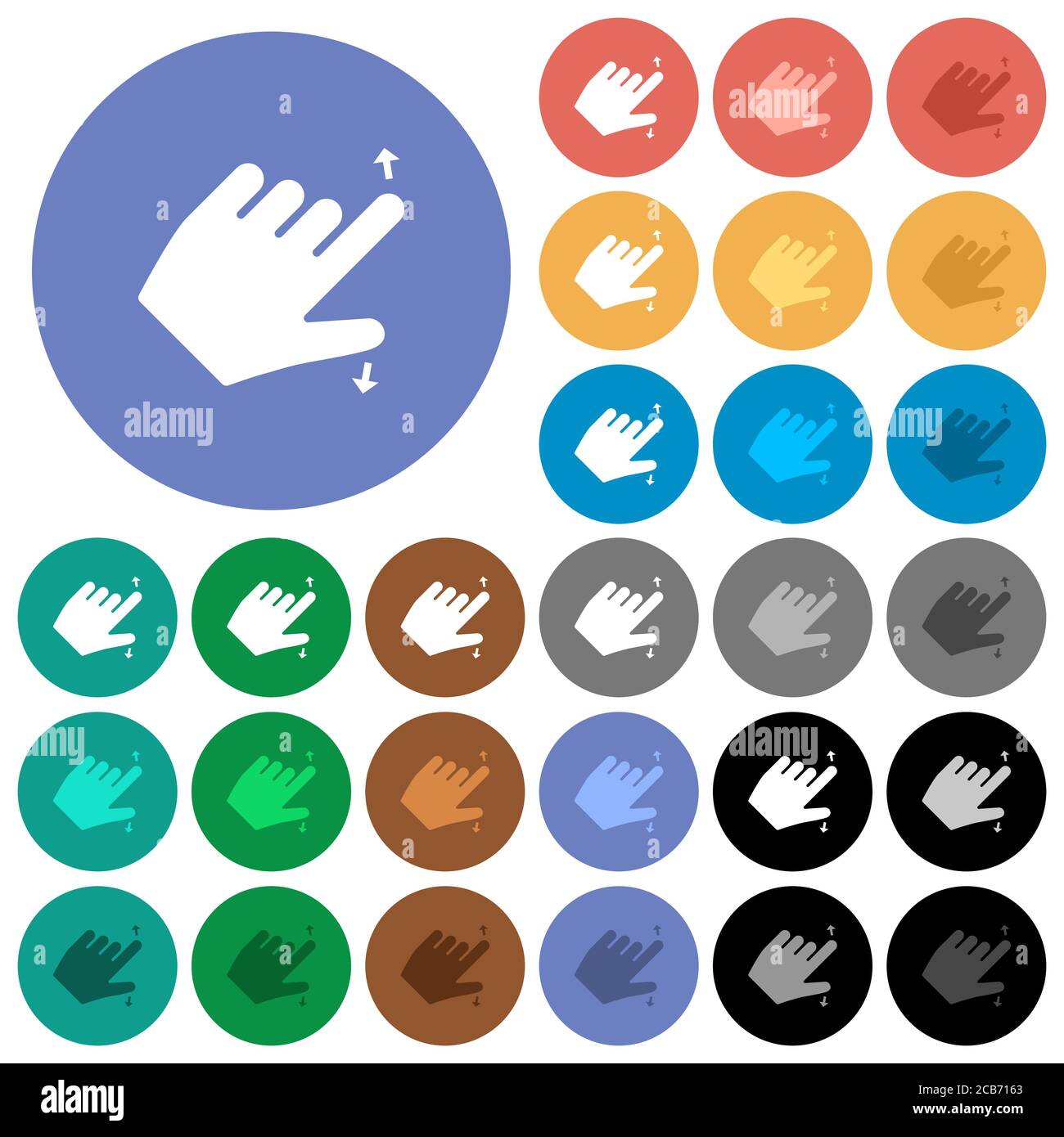 Left handed pinch open gesture multi colored flat icons on round ...