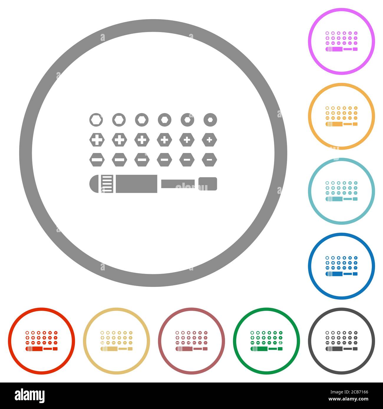Set of screwdriver bits flat color icons in round outlines on white ...