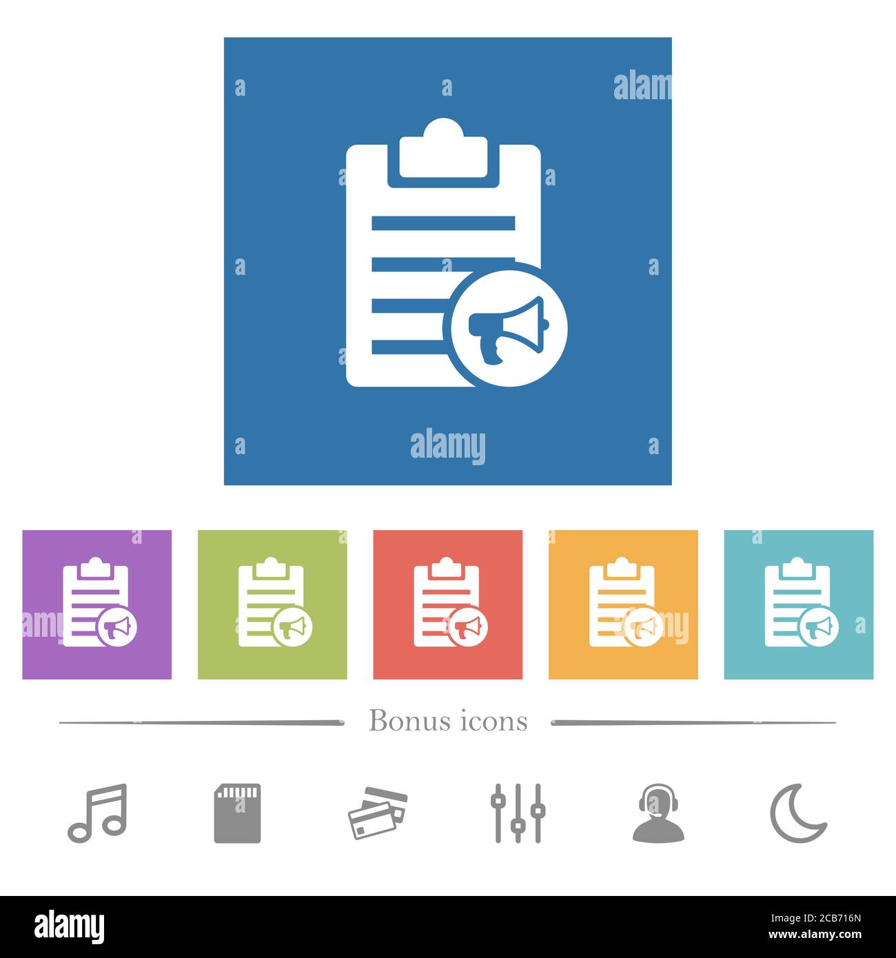 Note reading aloud flat white icons in square backgrounds. 6 bonus ...