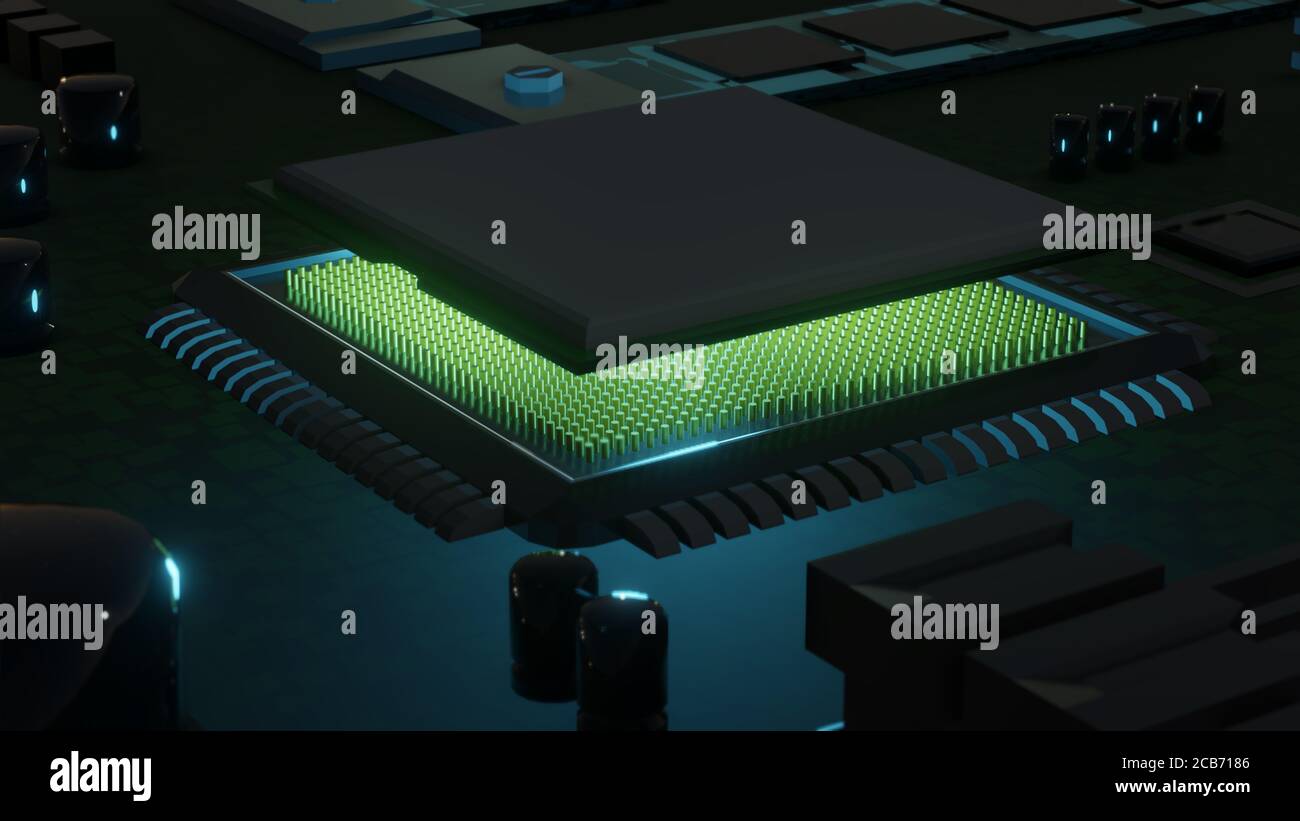 3d rendering of a typical computer processor embedded in a motherboard ...
