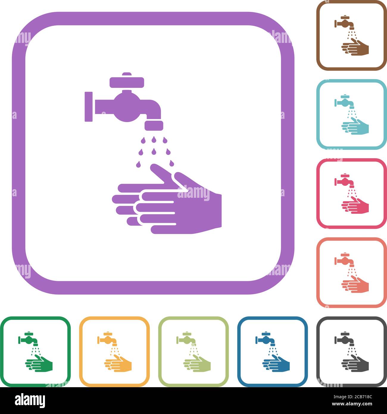 Hand washing simple icons in color rounded square frames on white ...