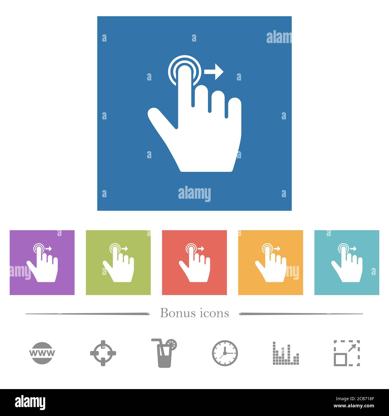 Right handed slide right gesture flat white icons in square backgrounds ...