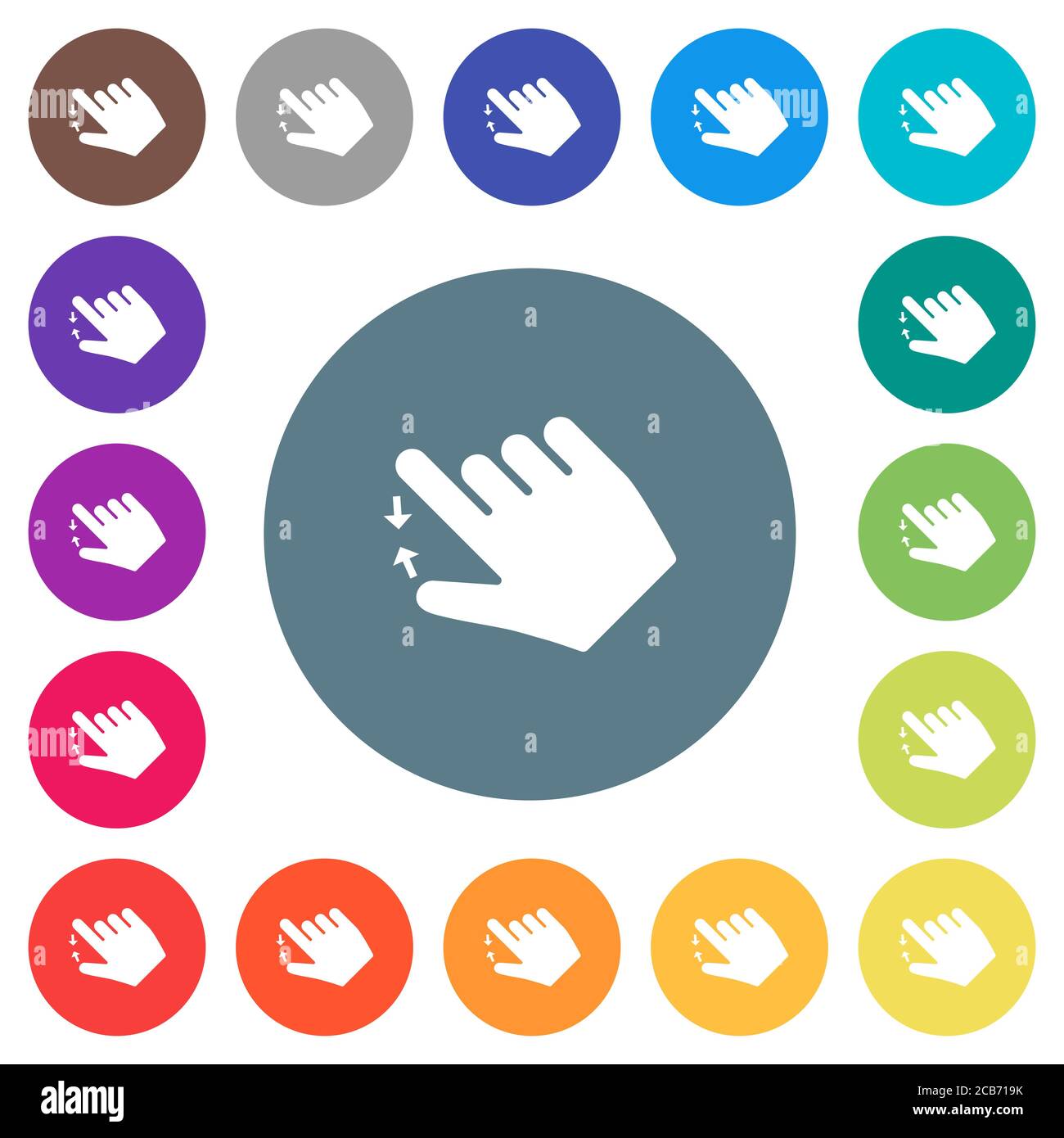 Right handed pinch close gesture flat white icons on round color ...