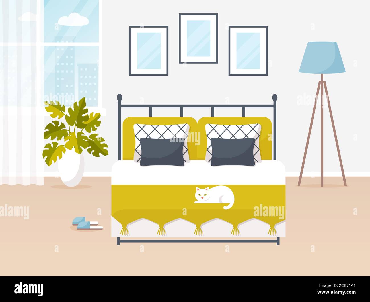 Bedroom interior. Vector banner. Design of a trendy cozy room with ...