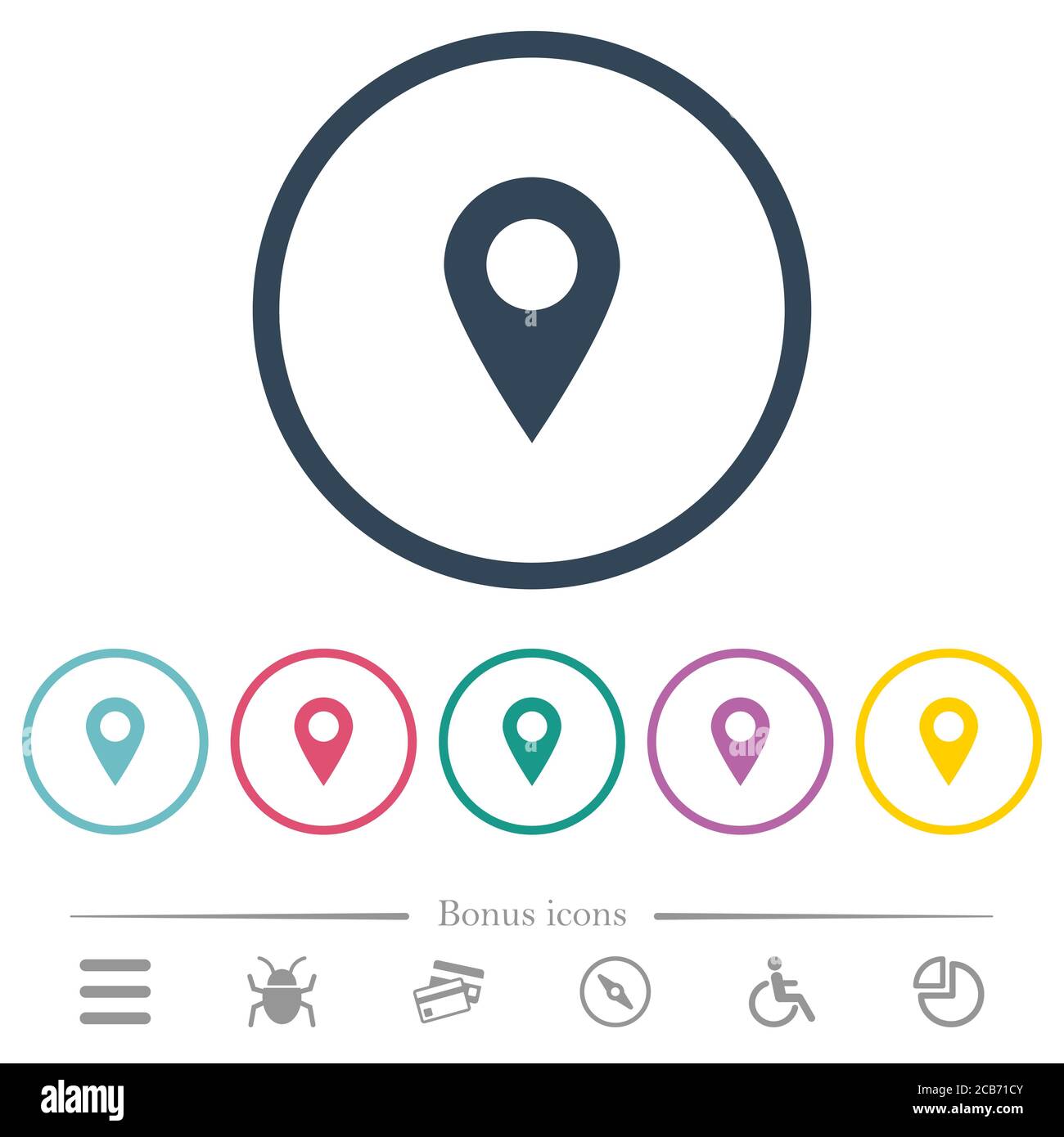 Blank GPS map location flat color icons in round outlines. 6 bonus ...