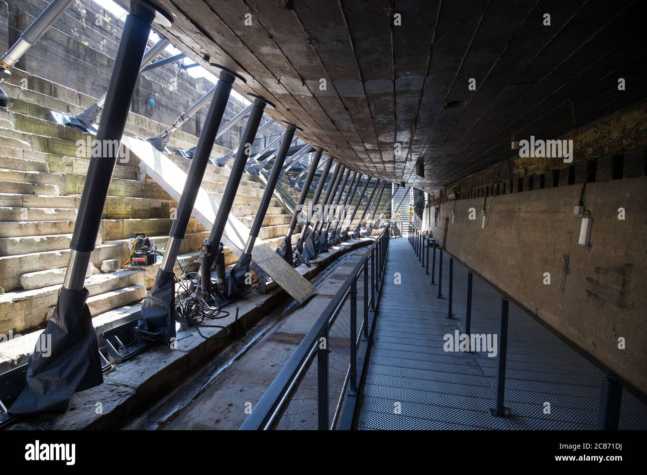 A view of the new props underneath HMS Victory as she is 'afloat' again ...