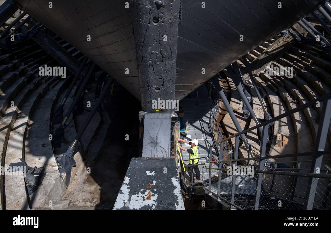 A view of the new props underneath HMS Victory as she is 'afloat' again ...