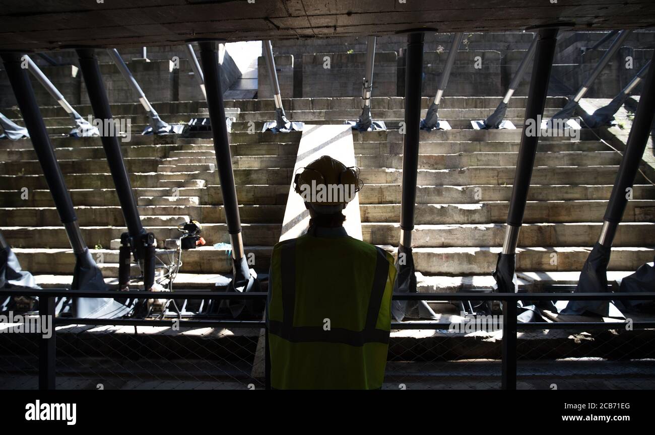 A view of the new props underneath HMS Victory as she is 'afloat' again ...