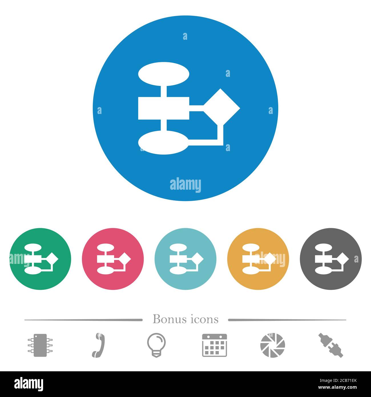 Flowchart flat white icons on round color backgrounds. 6 bonus icons ...