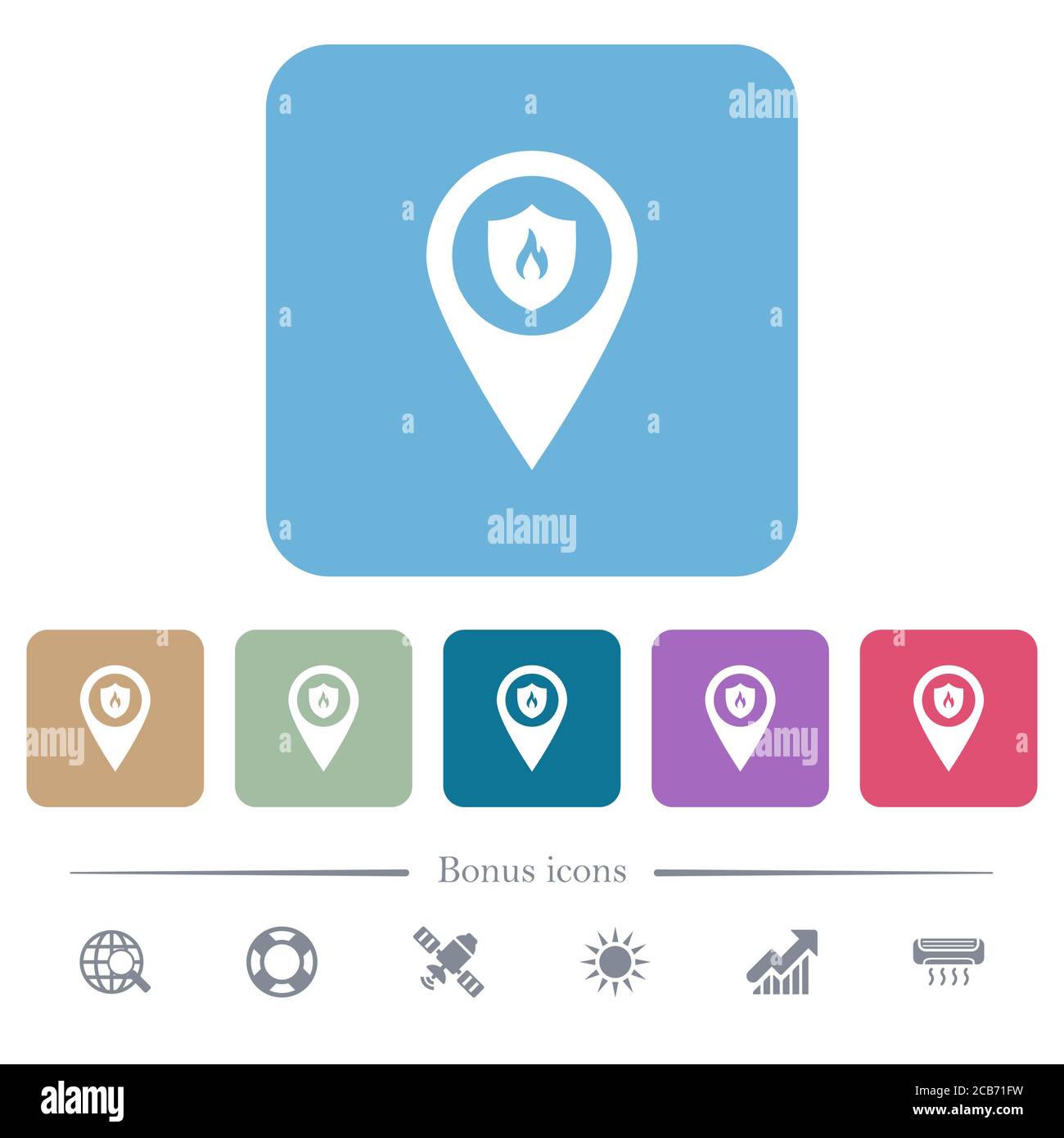 Fire station GPS map location white flat icons on color rounded square ...
