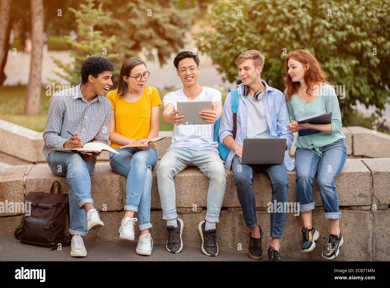 Multiracial students studying together in the park Stock Photo - Alamy