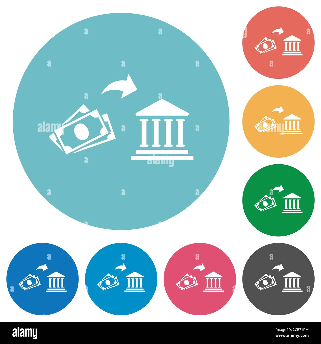 Cash deposit to bank flat white icons on round color backgrounds Stock ...