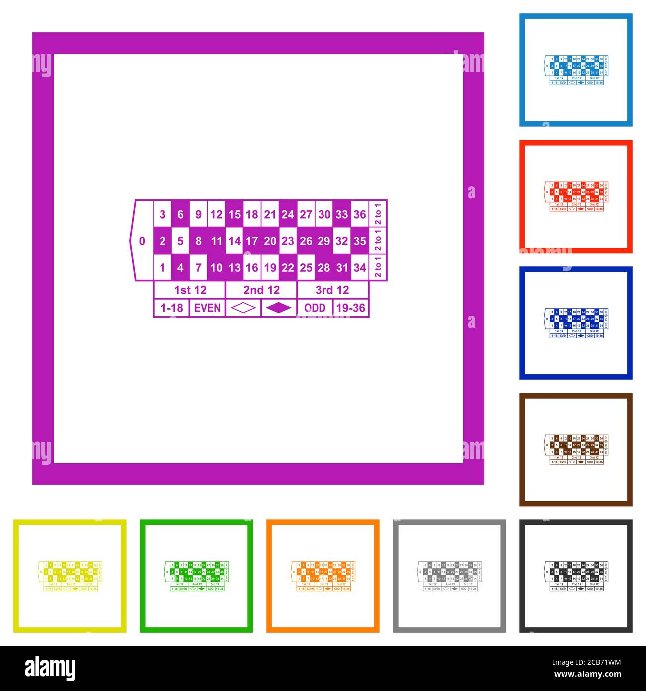 Roulette table flat color icons in square frames on white background ...