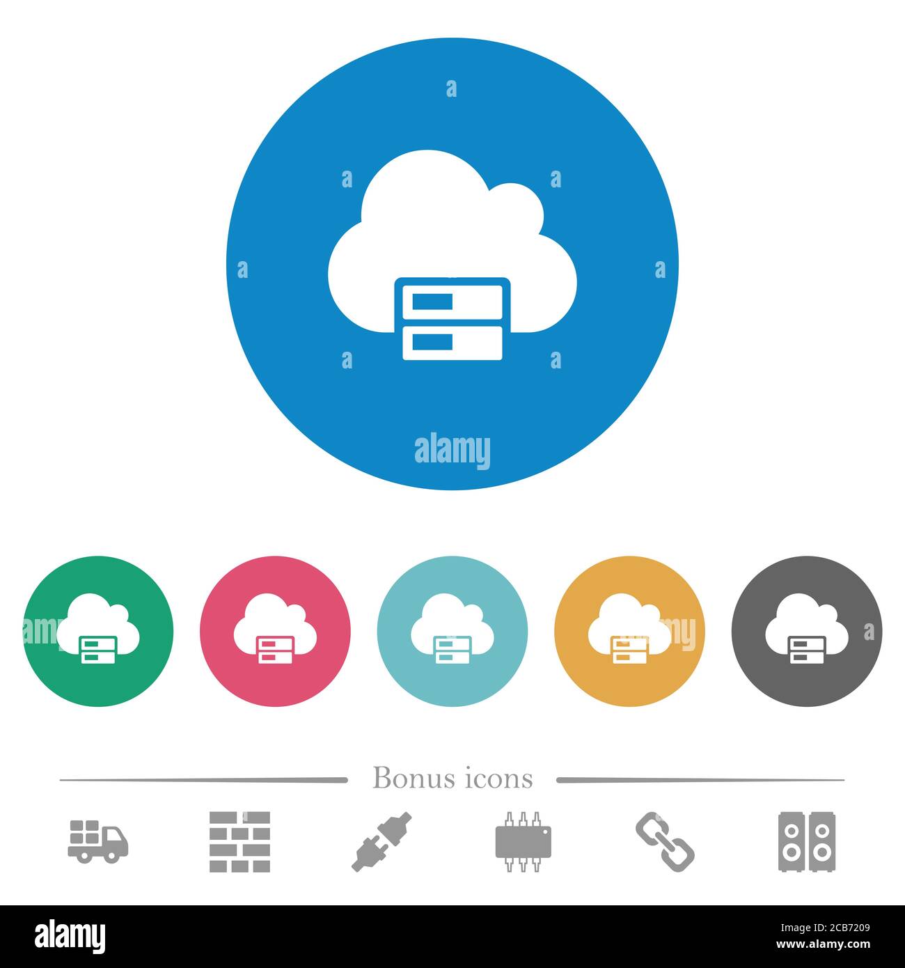 Cloud storage flat white icons on round color backgrounds. 6 bonus ...