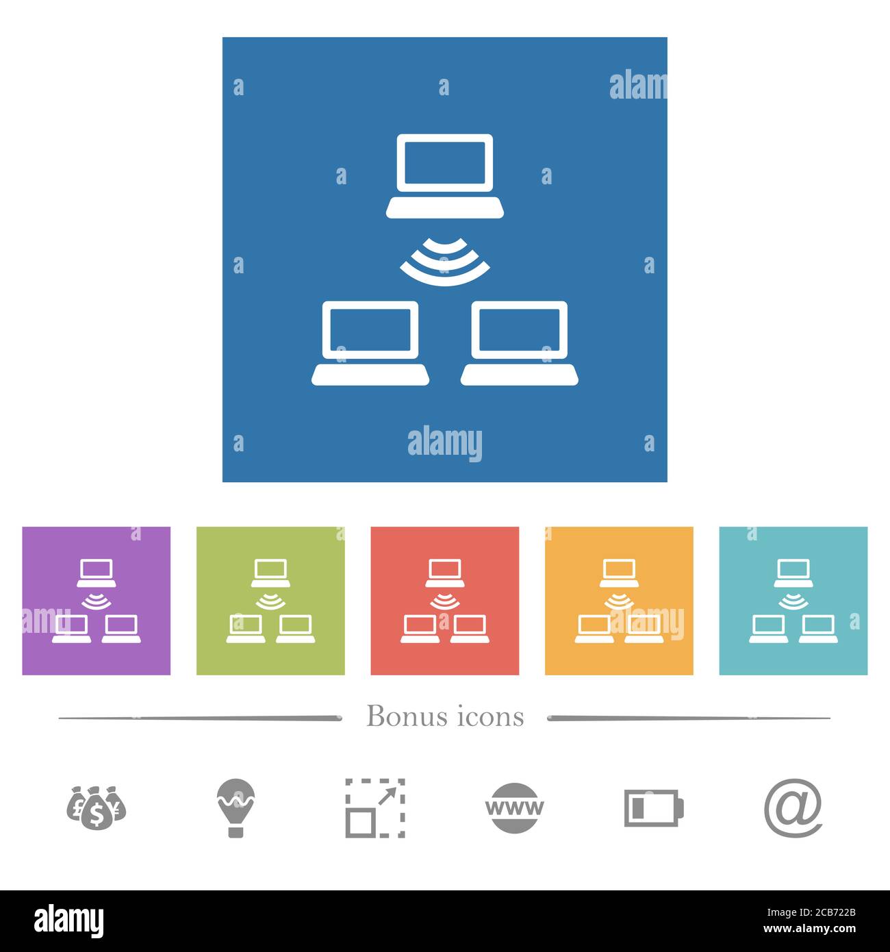 Wireless network flat white icons in square backgrounds. 6 bonus icons ...