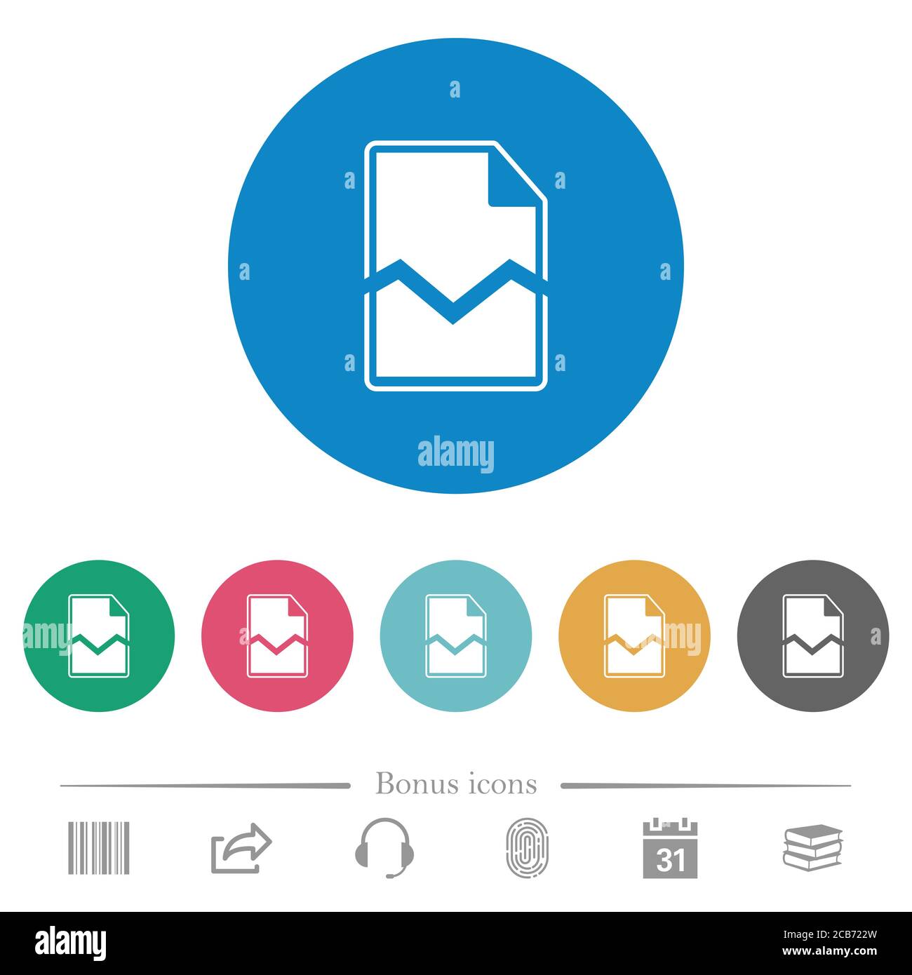 Broken page flat white icons on round color backgrounds. 6 bonus icons ...